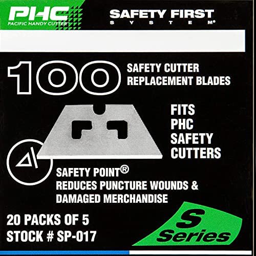 Pacific Handy Cutter SP017 Safety Point Blade for PHC Safety Cutters, Pack of 100, Sharp Edge, Safety Point Razor Blades for Injury Reduction, Cuts Boxes, Cardboard, Tape, Plastic Straps, and More