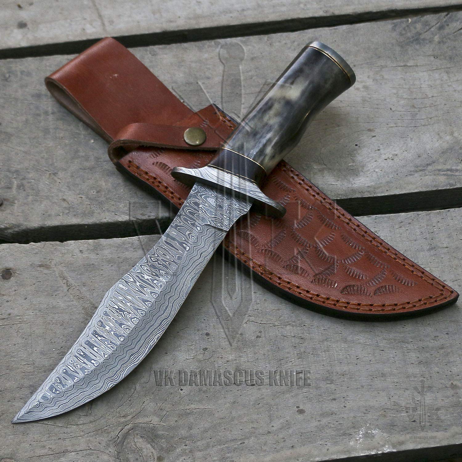 JNR Traders Damascus Steel Fixed Blade Bowie Knife with Leather Sheath - 2356