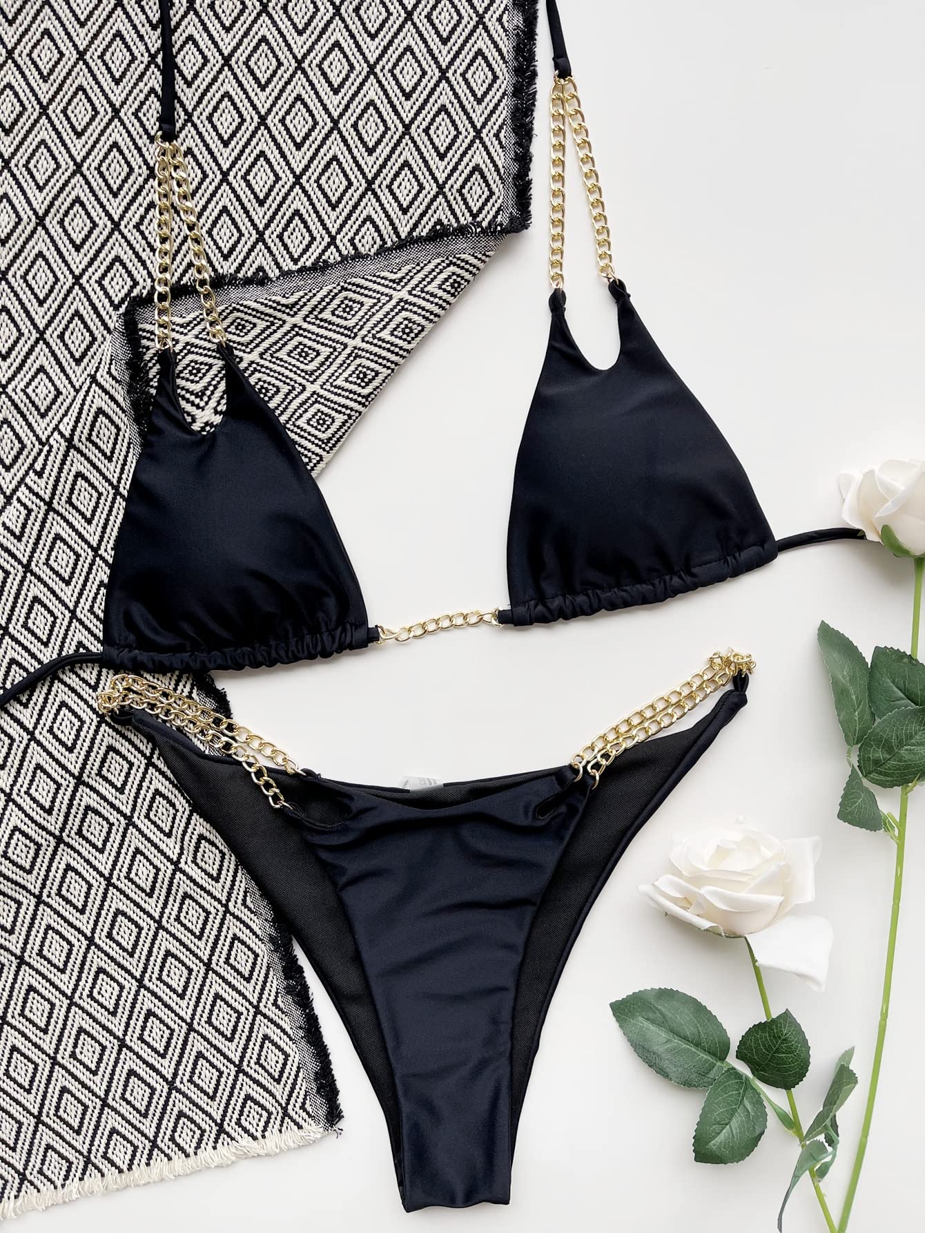 GORGLITTER Women's Sexy 2 Piece Bikini Set Chain Linked Halter Triangle Swimsuit Bathing Suit Black Medium