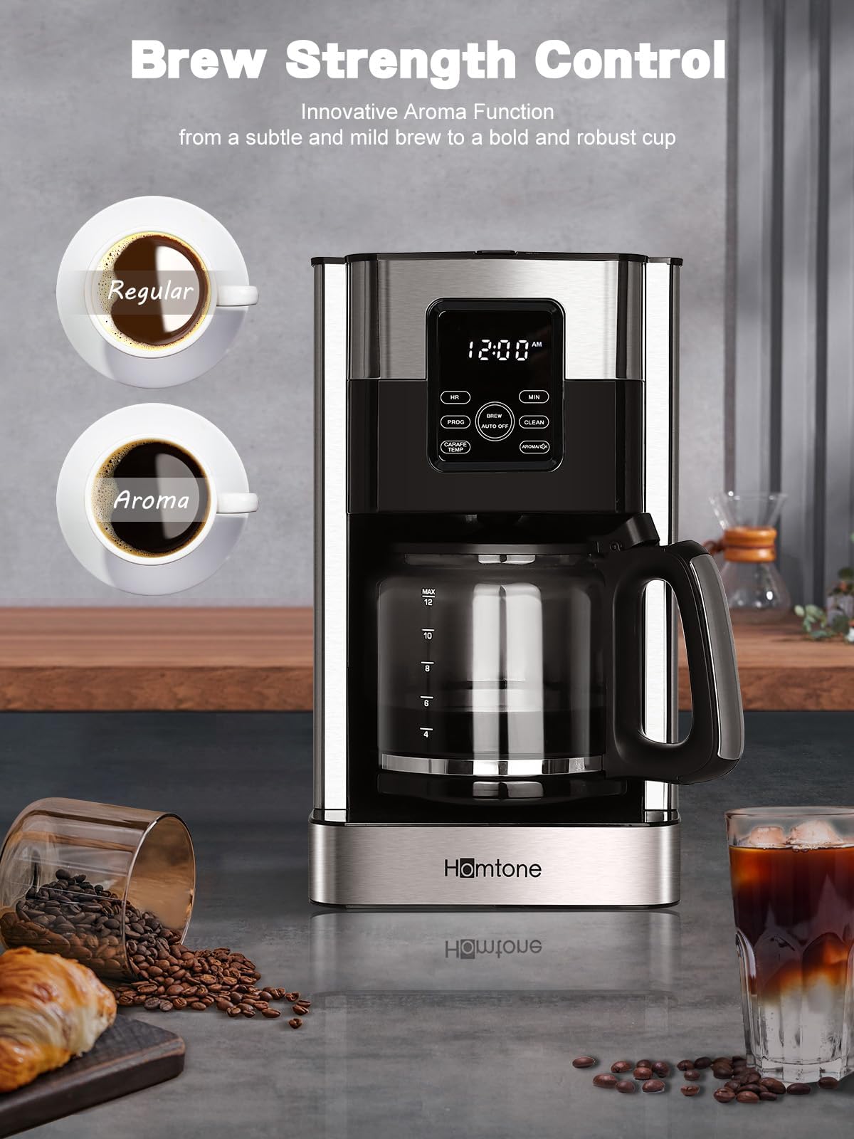 Homtone Coffee Maker 12 Cup Programmable, Anti-Drip Digital Coffee Machine, Brew Strength Control Coffee Maker for Hot Coffee, Stainless Steel, LCD Touch Screen, Permanent Filter, 1000W