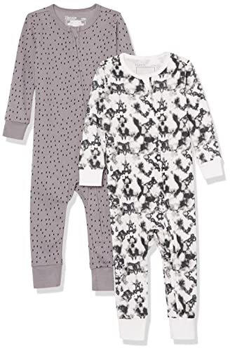 Hanes Baby Girls Play Suits, Ultimate Zippin Sleep And Zip Pajamas, Playsuits For Babies, 2 Pack Bodysuit, Grey Blk Print Set, 12-18M US