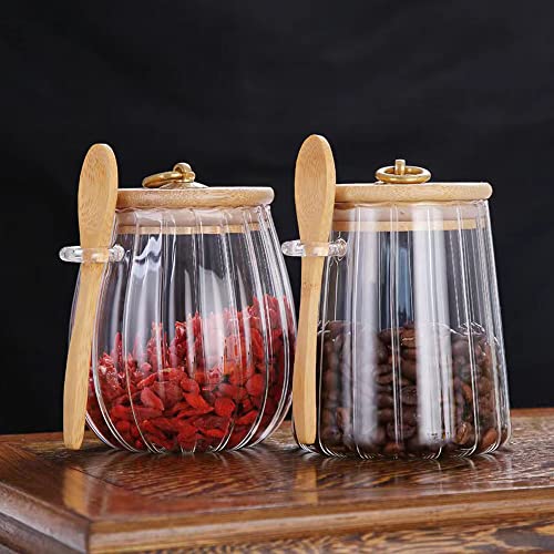 WEIRUIFANZHI 2 Pack Small Glass Coffee Jars set Canister with Bamboo Lid&spoon Petal Decorative Container with Metal Handle&scoop Airtight Storage jar Easy to Grasp for Nuts,Tea,Candy,Cookies(23.7OZ)