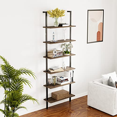 Wolawu Ladder Shelf Black 6 Tiers Modern Bookshelf Room Organizer Open Tall Wall Mount Bookcase Standing Leaning Wall Shelves Industrial Decorative Living Room Bed Room