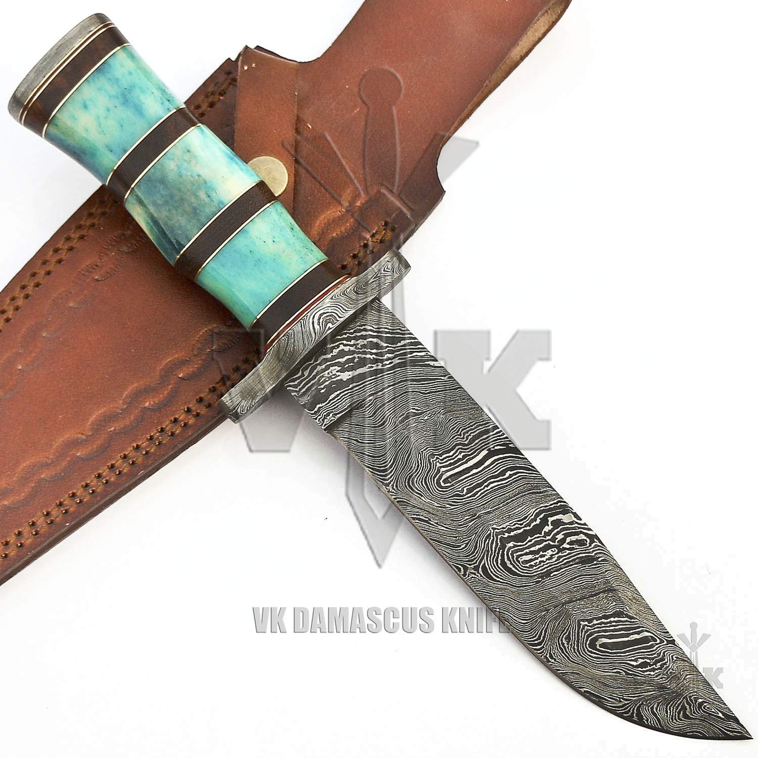 JNR Traders Damascus Steel Fixed Blade Hunting Knife with Leather Sheath - 2372