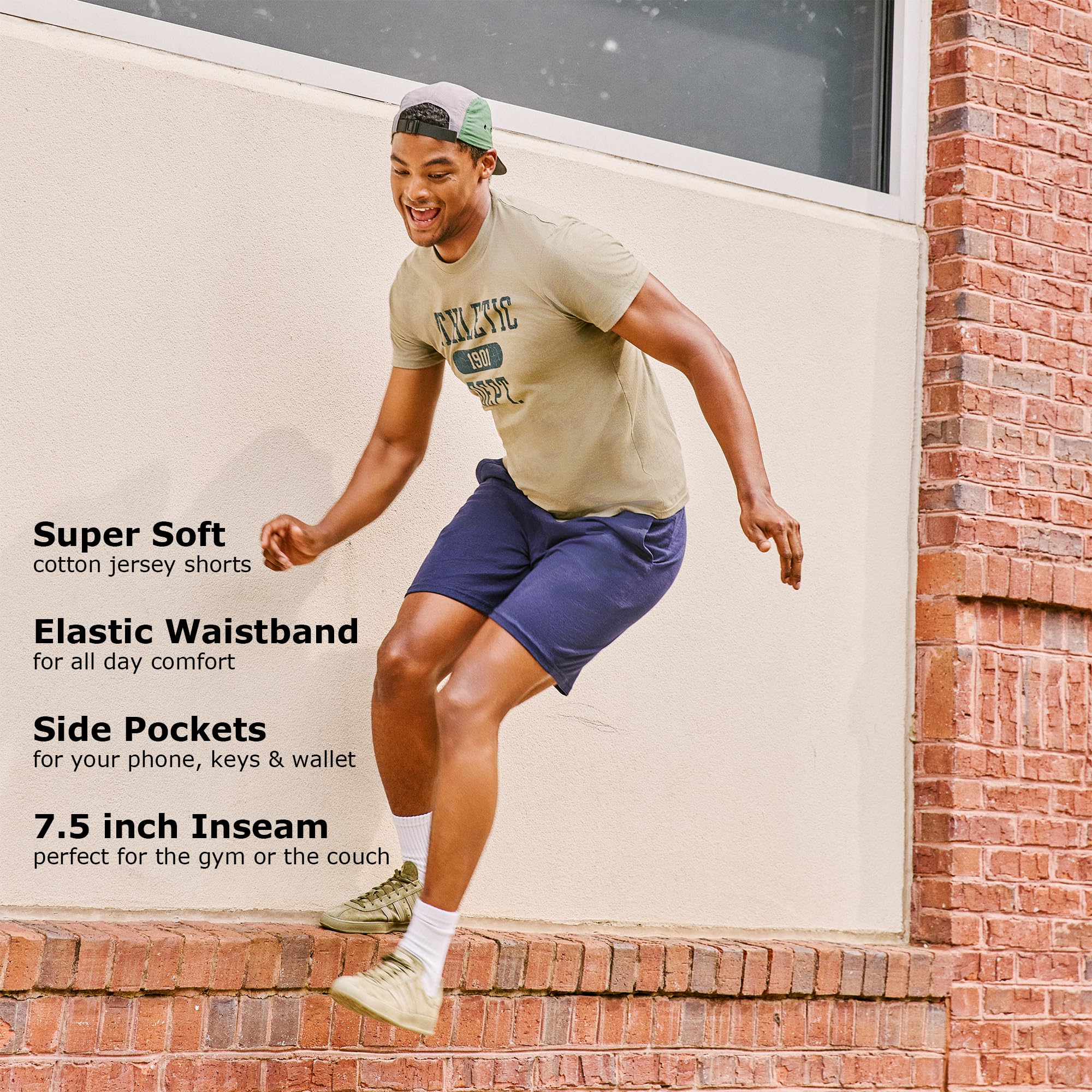 Hanes Men's Athletic Favorite Cotton Pull-On Knit Pockets Gym 7.5in Inseam Shorts, Navy, Large