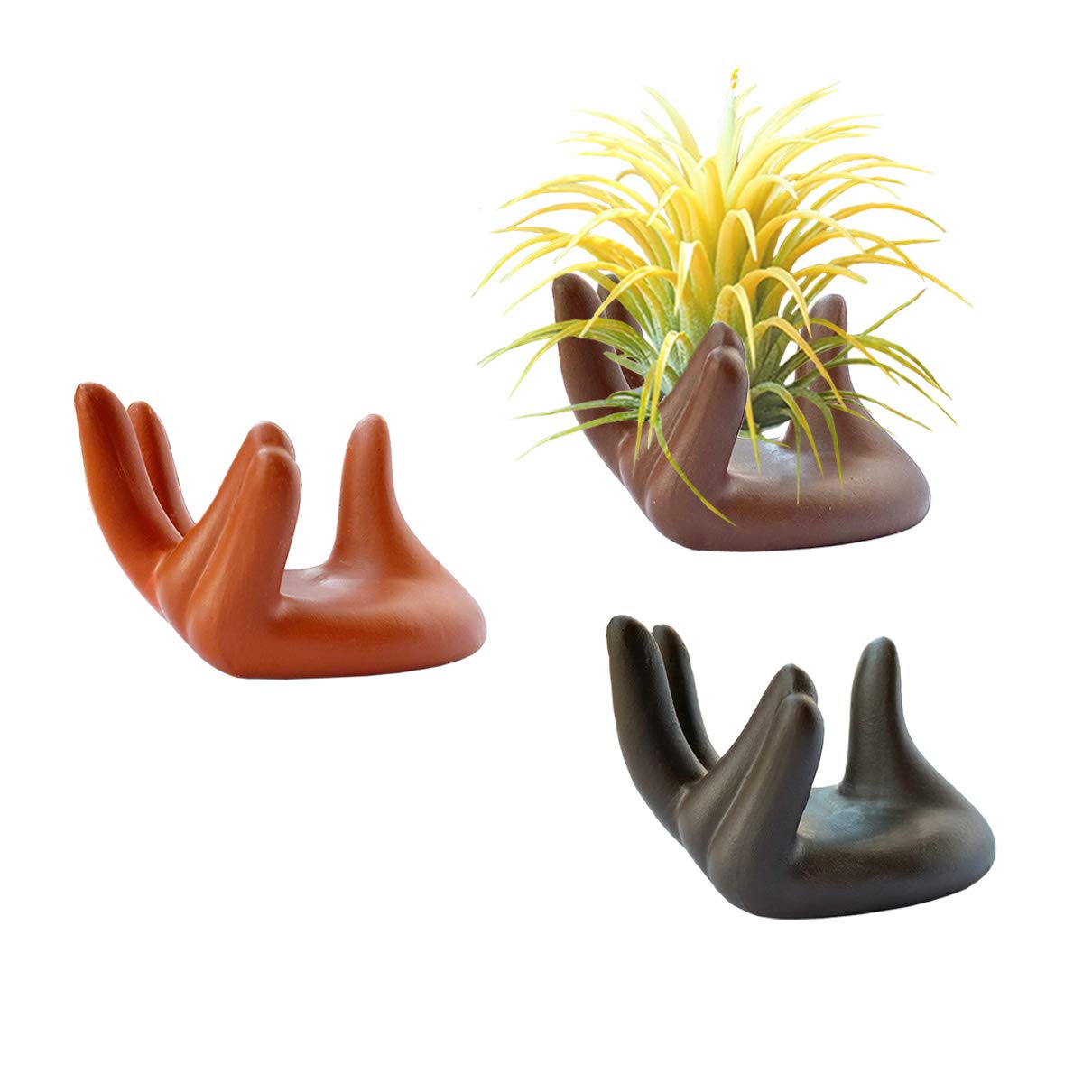 HHHH 3 pcs Air Plant Holder Mini Hand Shape Stand AirPlants Tillandsia Cute Container Pot Plant Display Home Office Decor Desk Table Shelf or Gifts Party Favors, Clay
