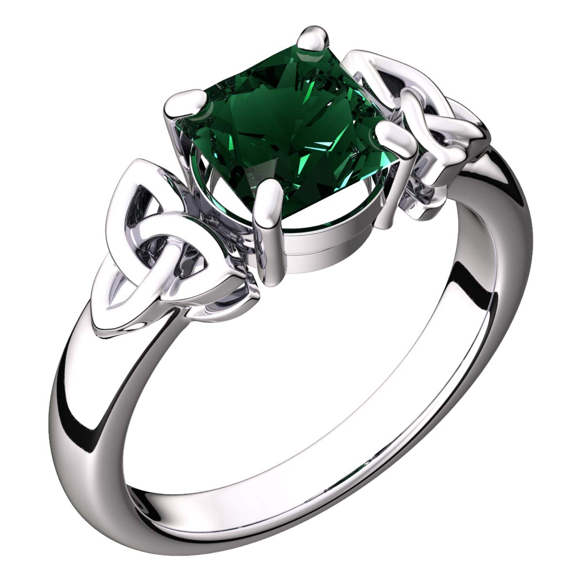 GWG Women's Rings Gift Sterling Silver Ring with Large Emerald Green CZ Square Stone Graced with Celtic Trinity Knots on Sides - 9 for Women