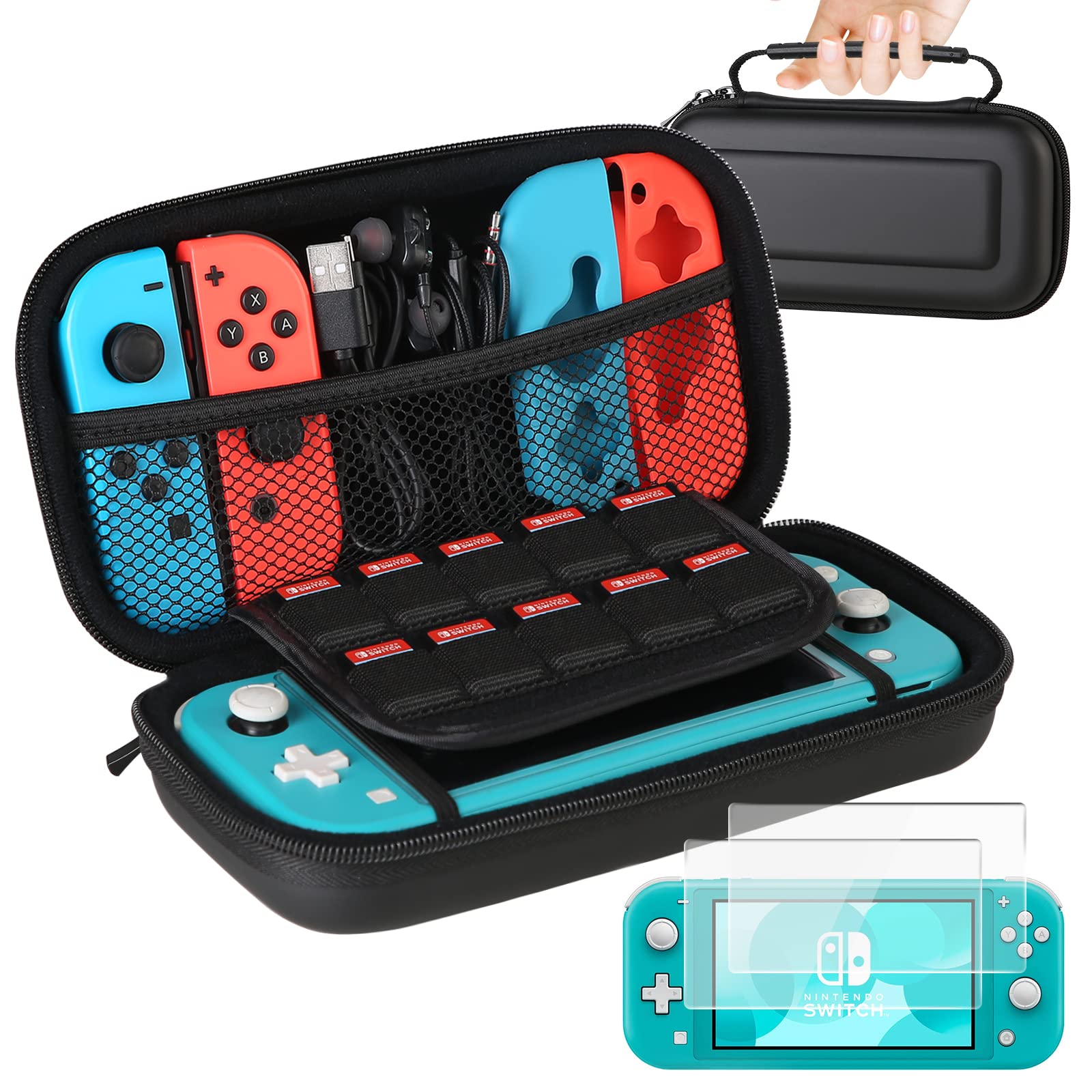 HEYSTOP Switch Lite Carrying Case with 2X Tempered Glass Screen Protector and 10 Games Card Storage for Nintendo Switch Lite Pouch Accessories Kits