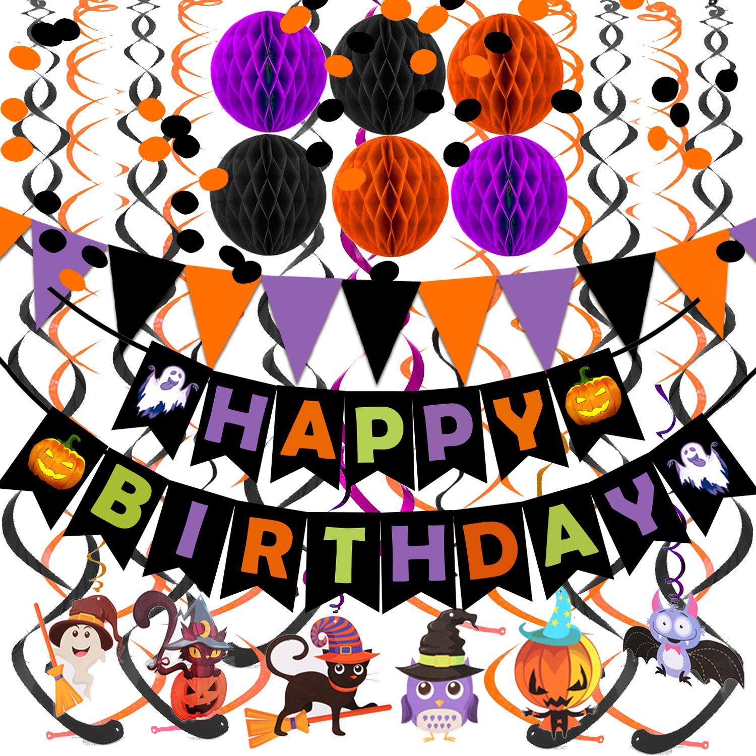 Happy Birthday Banner Paper Triangle Flag Bunting Circle Confetti Dots Hanging Garland Honeycomb Ball Swirl Streamers for Halloween theme party Birthday party Decoration