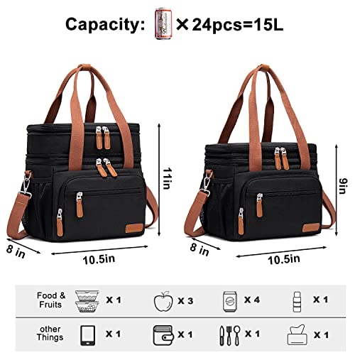 Weitars Lunch Bag For Women Men-Dual Compartment Large Lunch Box For Men Adult Lunch Box For Nurse Office Working Picnic Hiking (15L, Black/kahki)