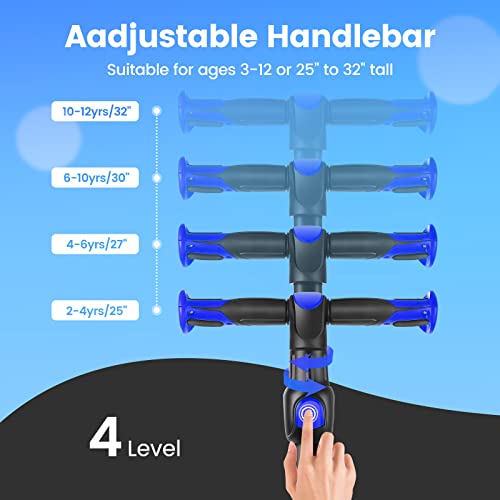 TONBUX Scooter for Kids Ages 3-5, Toddler Scooter with 4 Adjustable Heights, Kids Scooter Light Up 3 Wheels, Shock Absorption Design, Lean to Steer, Balance Training Scooter for Kids(Blue+Red)