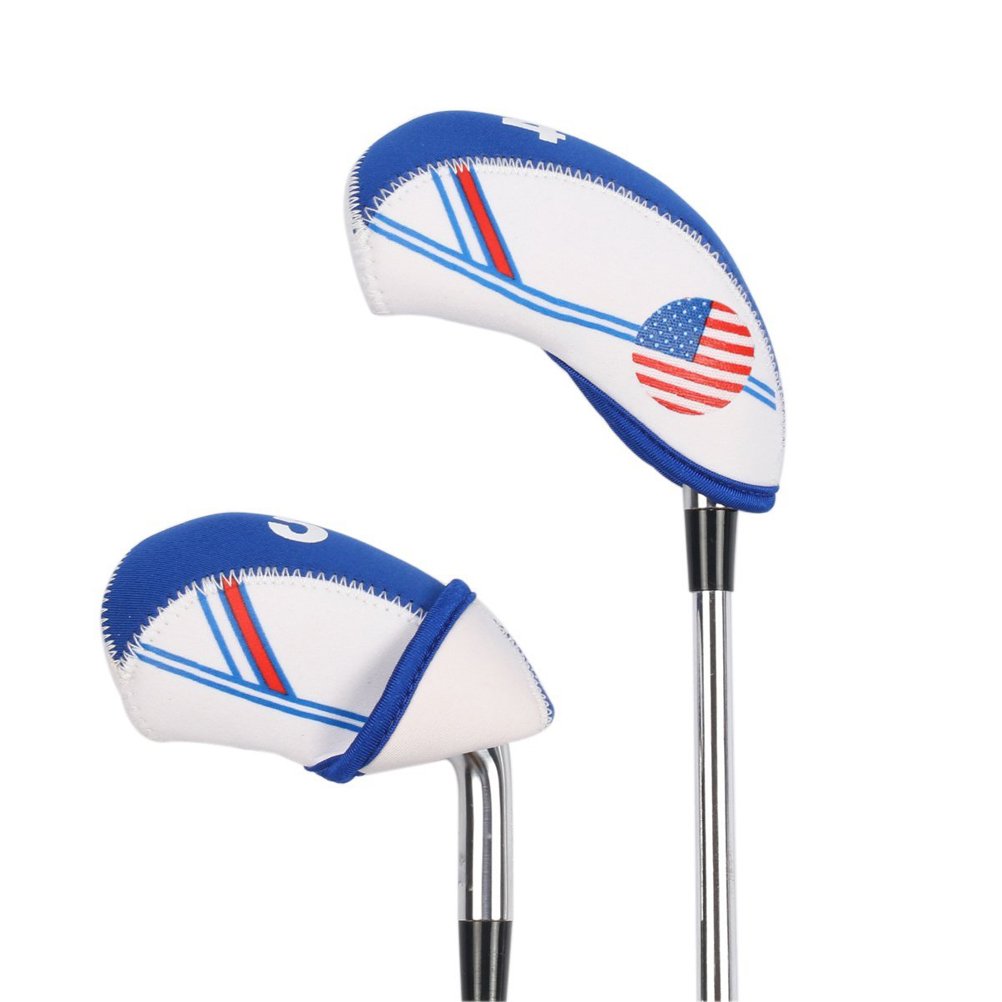 Golf Iron Head Cover Navy Blue 10pcs Set 4-9 A/Sw/Pw/Lw with Gossip Pattern Splice Digital Neoprene Golf Club Headcovers Wedge Iron Protective Headcover