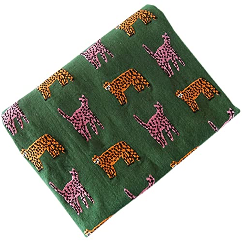 Tiger Embroiderd Linen Cotton Fabric,Green Embroidered Fabric,Designer Fabric,Quilting Fabric,Fabric by Yard,Thick Fabric,Linen Fabric