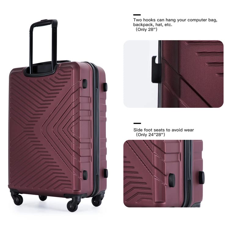 Tripcomp Luggage Sets Wear-Resistance Hardside Lightweight Suitcase Double Spinner Wheels, TSA Lock,Two Hooks, Scratch-resistant Carry-on,3 Piece Set(20inch 24inch 28inch) (Claret-red)