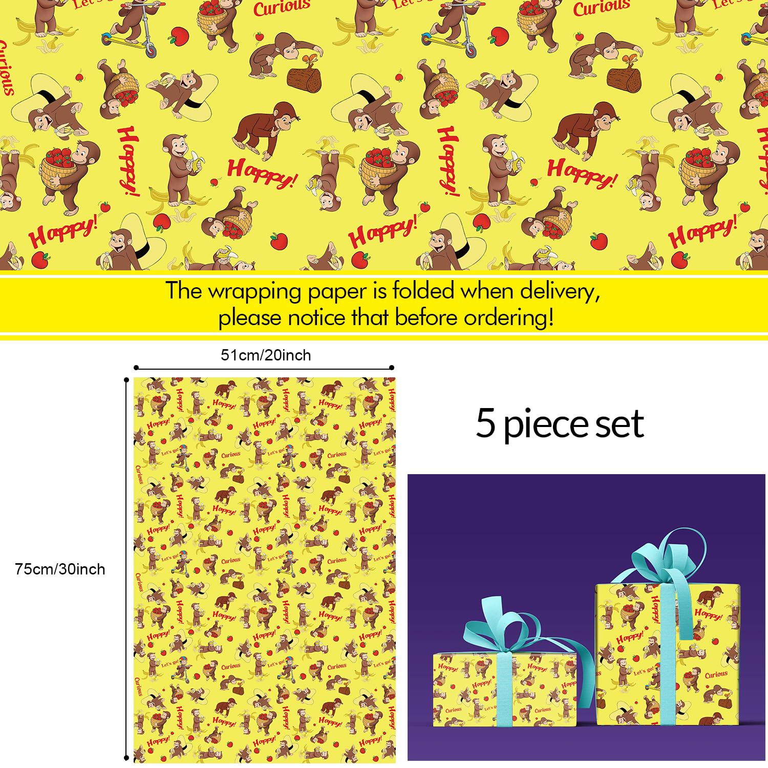 SNHDYMTK 5 Sheets Curious Monkey Gift Wrapping Paper 20"" x 30"" Kraft Paper Foldable Gift Wrap Present Wrapping Paper Birthday Design for Party, Holiday (Yellow), IGYUEWG1564131106