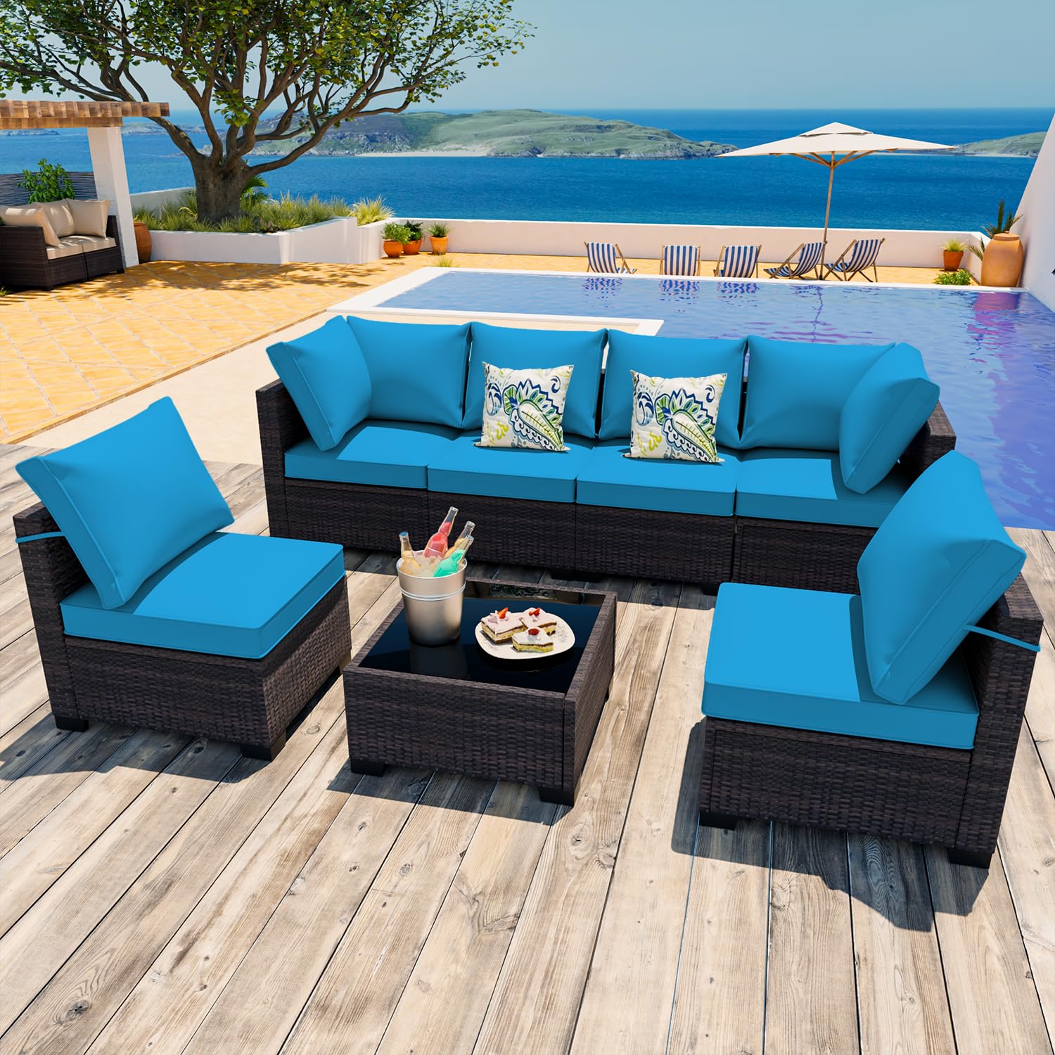 TINKLE WELL 8-Piece Patio Furniture Set with 28" Propane Gas Fire Pit Table – Outdoor Sectional Wicker Sofa Set with Coffee Table for Backyard, Balcony, Garden, and Poolside