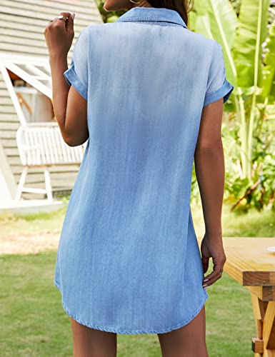 Women Denim Shirt Dresses Short Sleeve Distressed Jean Dress Button Down Casual Tunic Tops Blue XXL