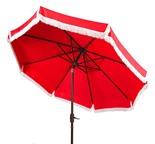 Safavieh PAT8008A Collection Milan Fringe Navy and White 9Ft Crank Outdoor Push Button Tilt Umbrella