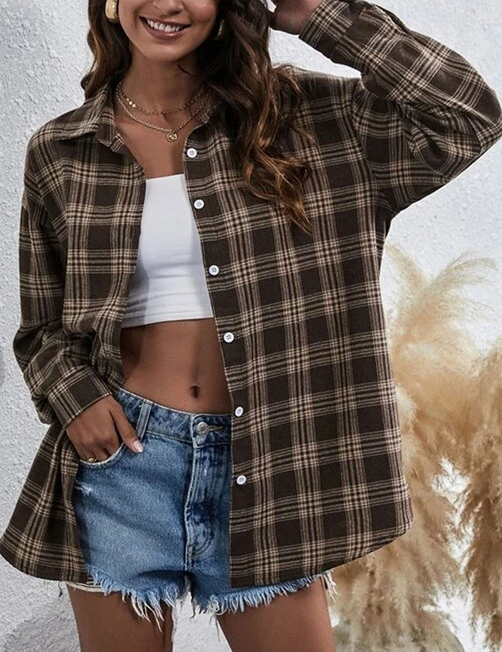 HangNiFang Flannel Shirts for Women Oversized Coffee Plaid Shirts Blouse Tops(0368-Coffee-M)