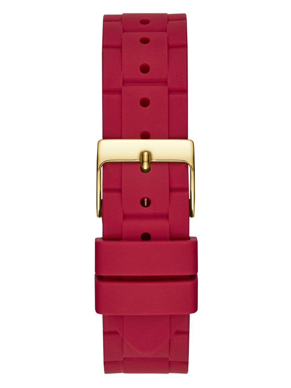 GUESS Gold-Tone + Iconic Red Stain Resistant Silicone Watch with Day, Date + 24 Hour Military/Int'l Time. Color: Red (Model: U1157L2)