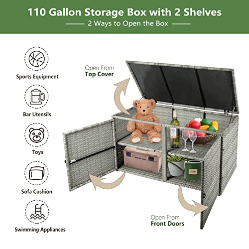 Outdoor 110 Gallon Rattan Deck Box, Wicker Patio Storage Cabinet Waterproof Storage Double Openable Door Cabinet Rattan Storage Deck Box with Lid and Separate Storage Shelf for Garden, Patio, Porch, Yard, can Store Cushions, Tools, Toys,Gray