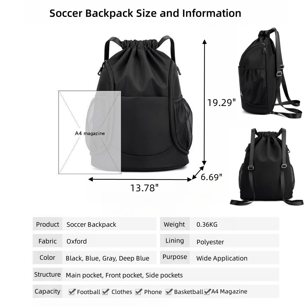 Gym Backpack for Women, Drawstring Soccer Bag, Waterproof Sports Basketball Soccer Backpack for Men with Shoes Compartment (Black-1)