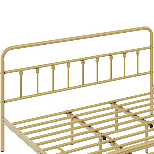 Topeakmart California King Size Victorian Style Metal Bed Frame with Headboard/Mattress Foundation/No Box Spring Needed/Under Bed Storage/Strong Slat Support Antique Gold