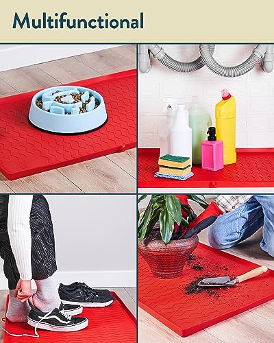 Under Sink Drip Tray - Silicone Liner Mat for Under Kitchen or Bathroom Sink - Waterproof Organizer Protects Floors from Leaks - 34" x 22" Red
