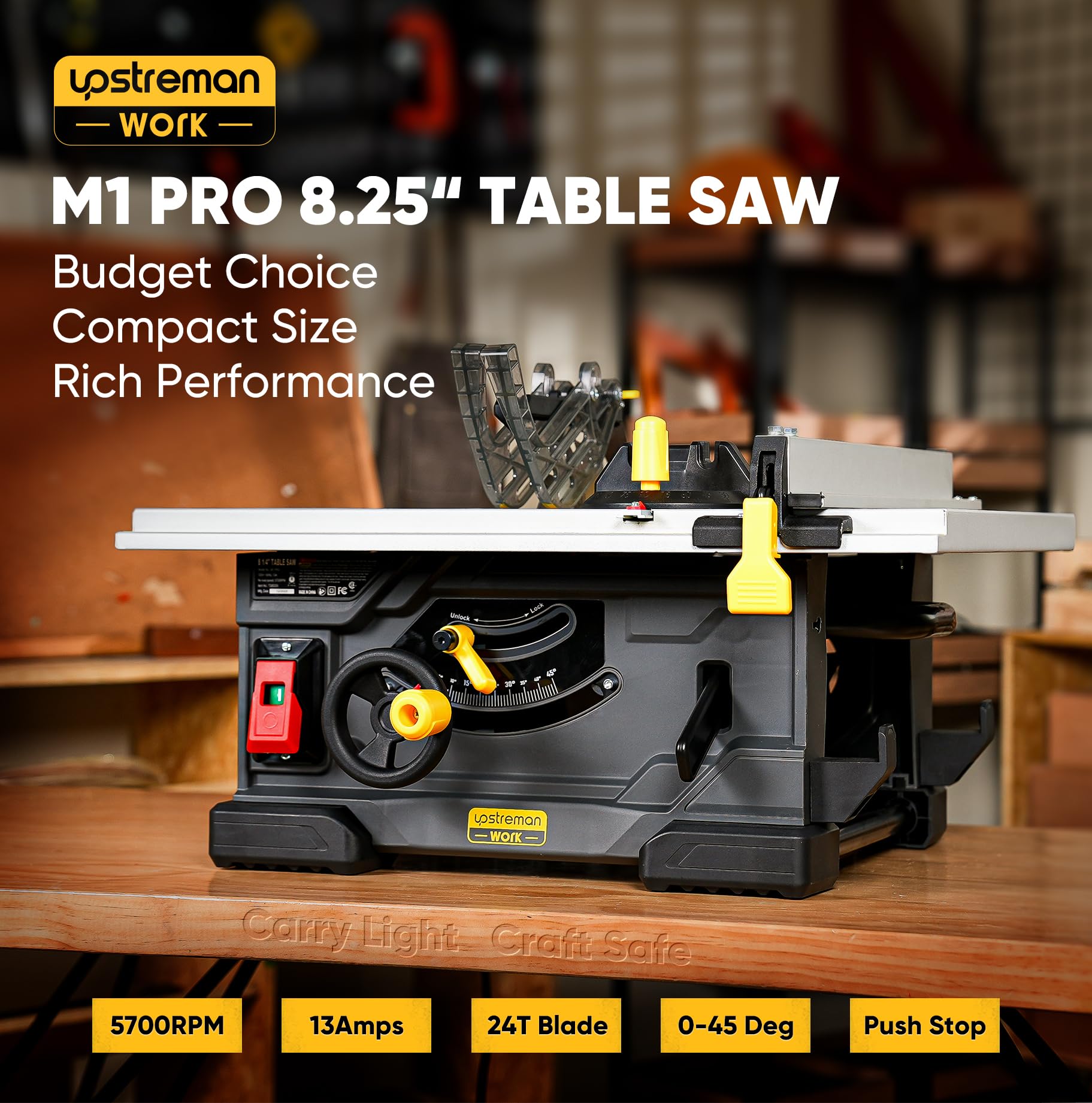 Upstreman Work M1 Pro Portable Table Saw, 13Amp Compact Tablesaw 5700RPM, 8.25" Table Saw w/24T Blade, Dust Collector, Onboard Carrying Handle Easy to Carry, Adjustable Cut Depth and Angle, for DIY