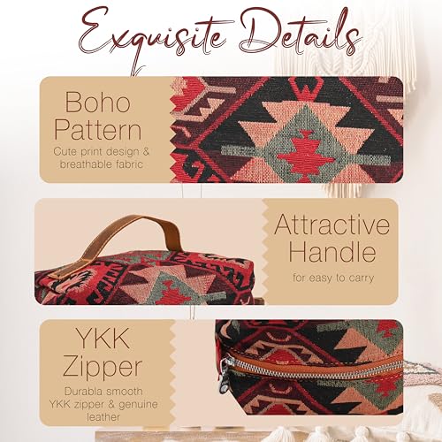 RUBICONS Cosmetic Handbag Makeup Organizer Purse Travel Toiletry Zipper Pouch for Women Red Boho Cotton Case (Red Boho)