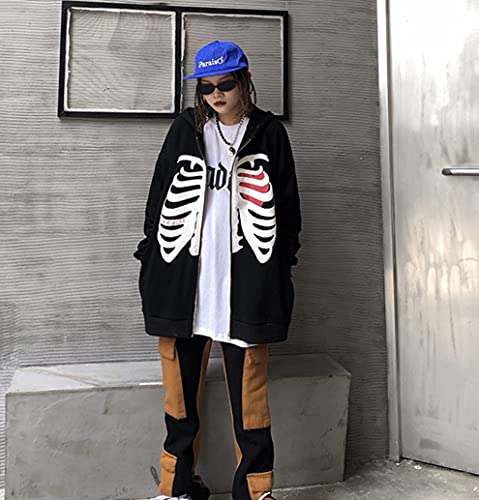Women Zip Up Hoodies Goth Skeleton Rib Cage Graphics Y2K Harajuku Novelty Sweatshirt Black