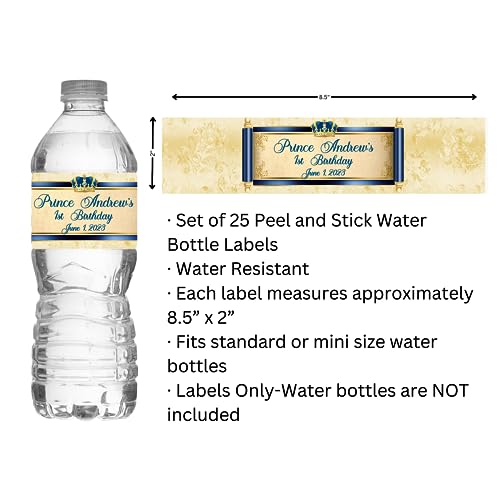 Prince Water Bottle Labels, Personalized Party Favors, Baby Shower, Pack of 25 Peel and Stick Waterproof Wrappers