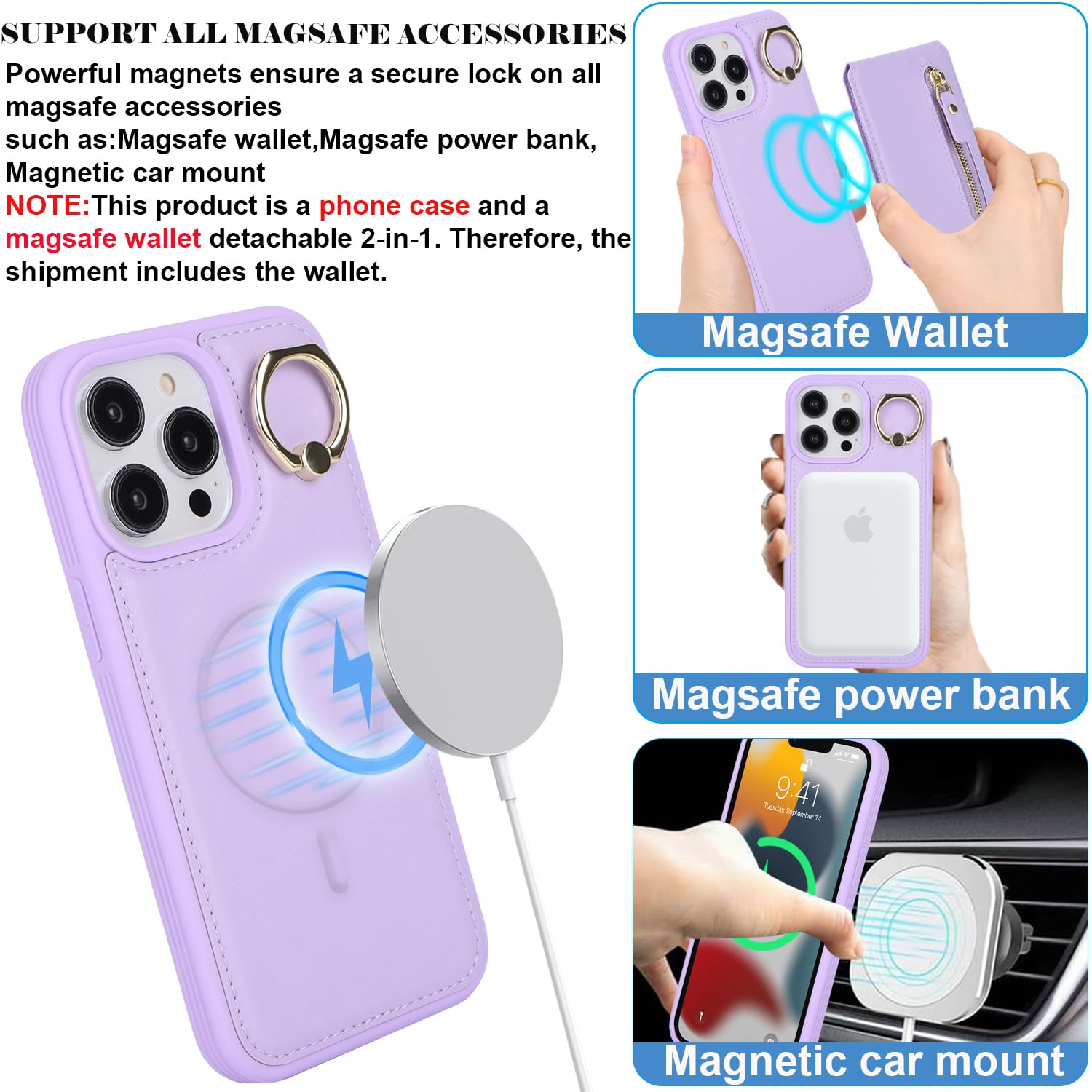 Havaya for iPhone 14 pro max Case magsafe compatible iphone 14 pro max phone case with Card Holder for women leather zipper phone wallet detachable 2-in-1 magnetic-Purple