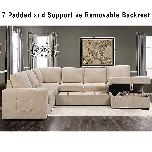 THSUPER Sectional Sleeper Sofa with Pull Out Bed and Storage Chaise, U Shape Sectional Sofa Bed, Oversized Sectional Sleeper Couch for Living Room Beige