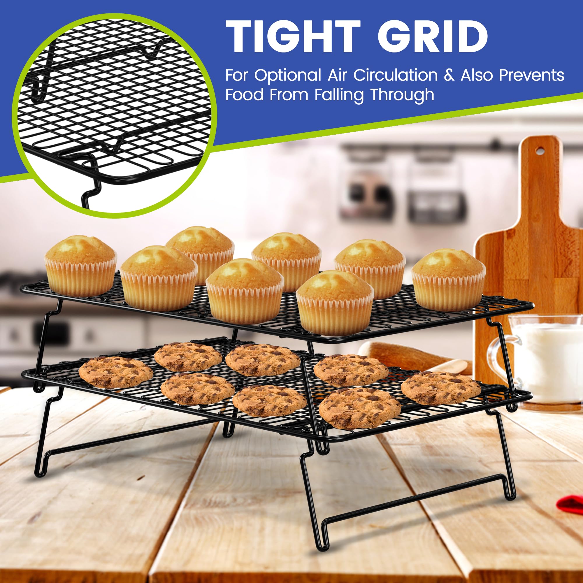 MIU Stackable Cooling Racks for Cooking and Baking with Folding Legs, Multi Tier, Set of 2, Black, Wire Grid Stainless Steel, Kitchen Counter and Oven Safe