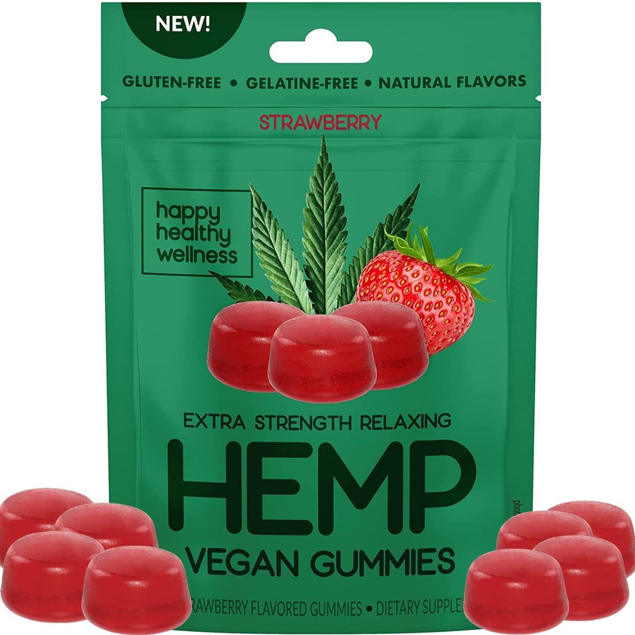 Happy Healthy Wellness Vegan Gummies Gelatine & Gluten Free Strawberry Flavor (30 Count) Made in USA for Adults