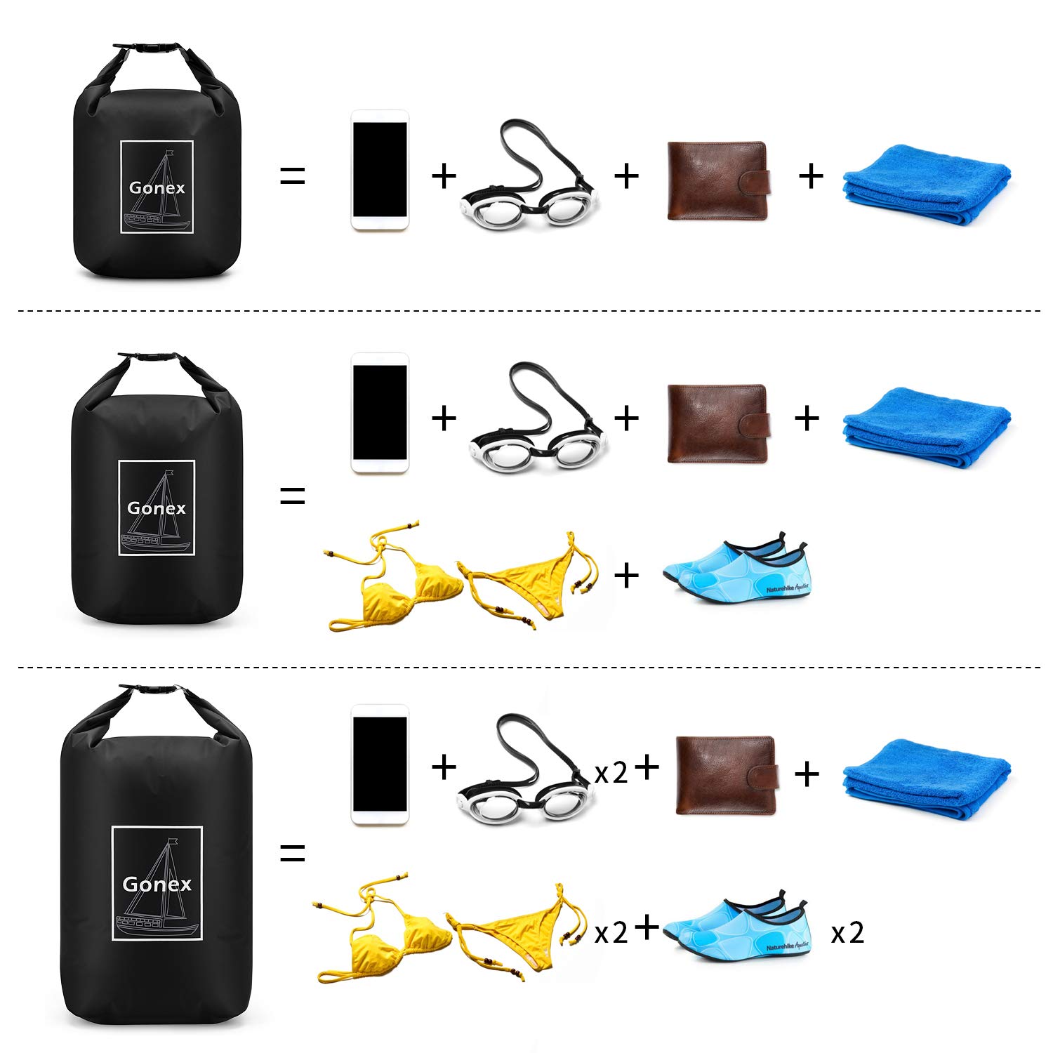 Gonex 4L+8L+12L Waterproof Dry Bag Floating Roll-Top Compression Dry Sack Stuff Sack Storage Bags for Kayaking Boating Canoeing Swimming Water Sports with a Phone Pouch & Shoulder Strap Black