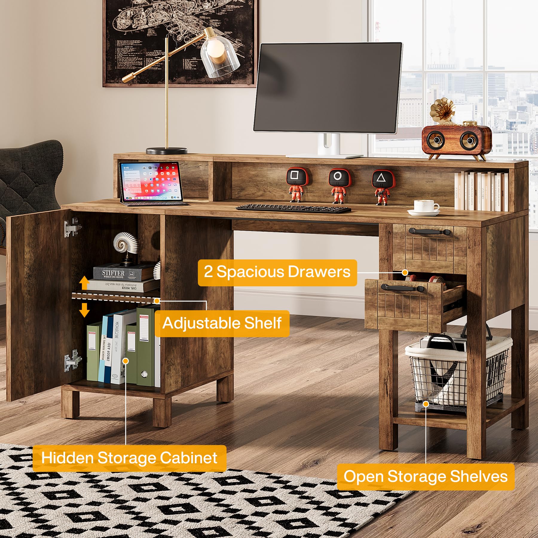 Tribesigns 55" Wood Executive Desk, Farmhouse Computer Desk with Drawers and Cabinet, Rustic Office Desk with Hutch and Storage Shelves, Large Study Writing Table for Home Office, Brown