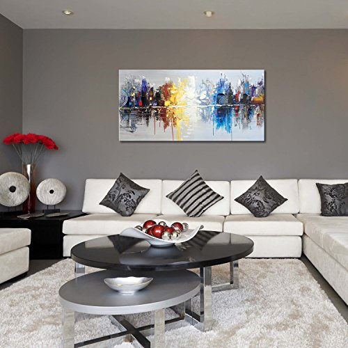 Hand Painted Modern Cityscape Textured Oil Painting on Canvas Reflection Abstract City Wall Art Decor