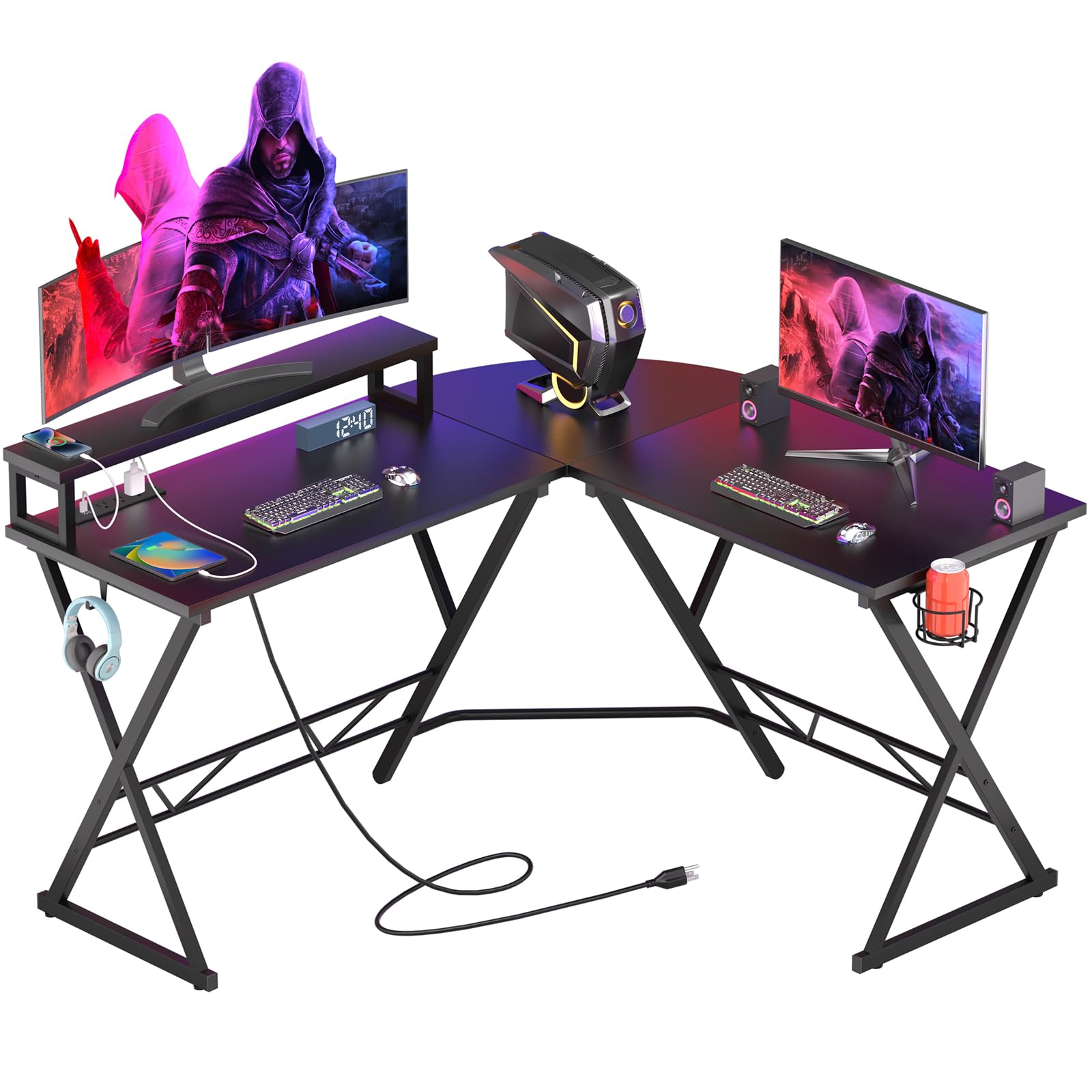 GreenForest L Shaped Desk with Power Outlets, 50.6 Inch Gaming Desk with Reversible Desktop Monitor Stand, Corner Computer Desk with Headphone Hook Cup Holder, Black