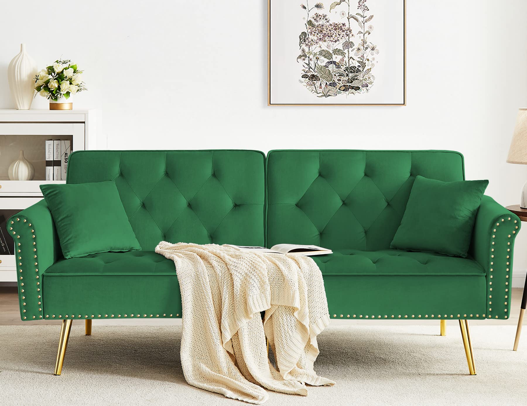hansones Velvet Futon Sofa Bed,Convertible Sofa Bed with Adjustable Backrest Angles,Sturdy Sleeper Sofa for Living Room and Bedroom (Green)