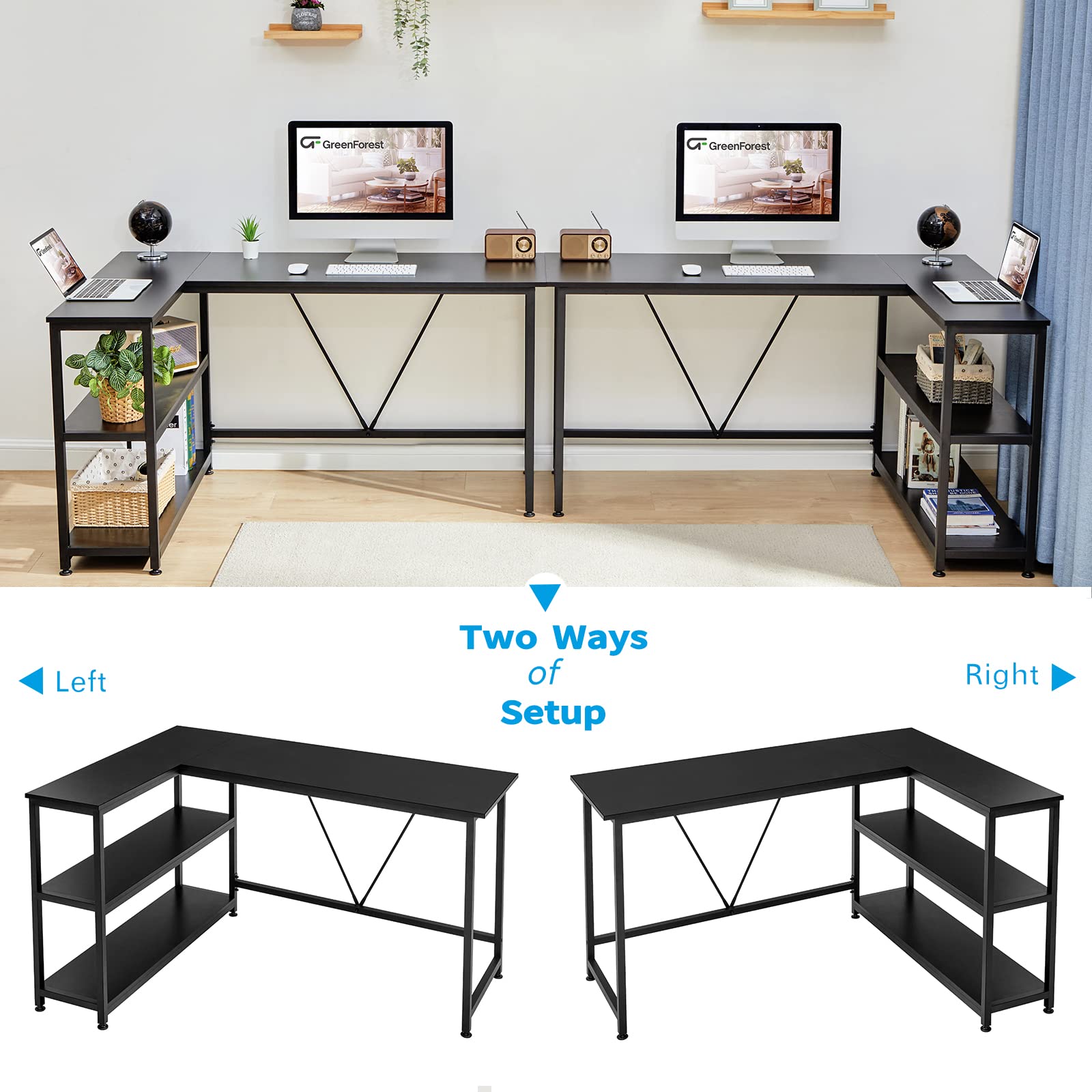 GreenForest Large L Shaped Gaming Desk 55x39.4 inch Reversible Corner Computer Desk with Storage Shelves for Home Office PC Workstation Laptop Table, Black