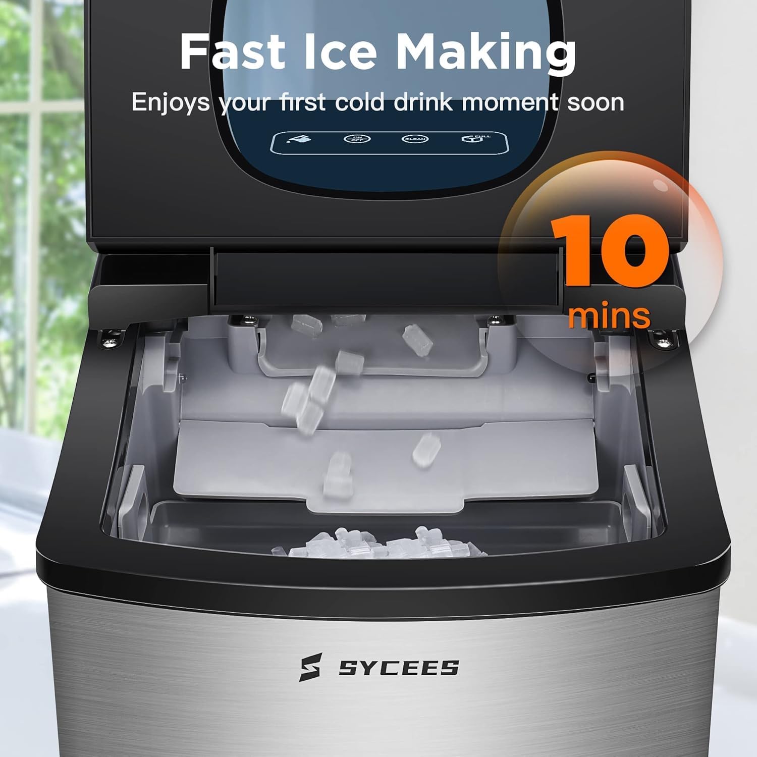 SYCEES 33lbs/24h Portable Nugget Ice Maker for Countertop, 5lbs Ice Storage, Pellet Ice Ready in 10 Mins, Self-Cleaning, Touch Control, Stainless Steel Sonic Ice Machine for Home, Bar, Office