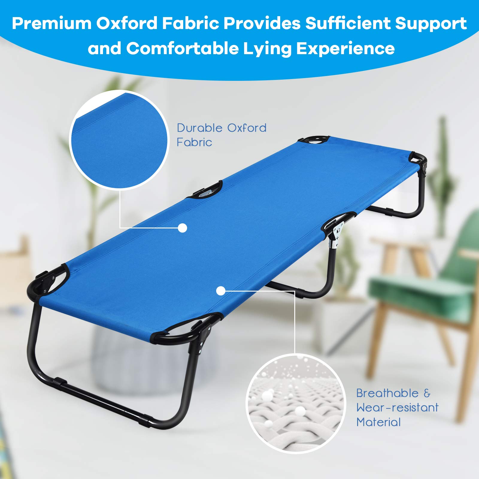 GYMAX Camping Cot, 330 LBS Folding Cot for Sleeping, Easy Set Up Cot Bed for Adults, Indoor &Outdoor Travel Adventure Picnic Hiking Cot for Patio Yard Home Office (Blue)