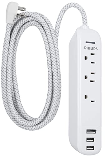 Philips Accessories 3 Outlet Surge Protector Power Strip with 3 USB Ports, 6 Ft Designer Braided Power Cord, Flat Plug, Perfect for Office or Home DĂŠcor, 360 Joules, ETL Listed, White, SPP3306WB/37