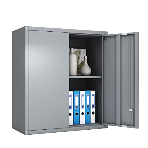 GREATMEET Metal Locking Wall Storage Cabinet with 1 Adjustable Shelf, Wall Mount Cabinet for Home Office,Garage,Laundry Room, Gray
