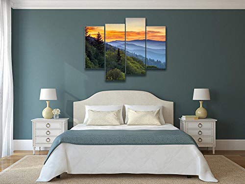 Great Smoky Mountains National Park Scenic Sunrise Landscape at Oconaluftee Canvas Wall Art Hanging Paintings Modern Artwork Abstract Picture Prints Home Decoration Gift Unique Designed Framed 4 panel