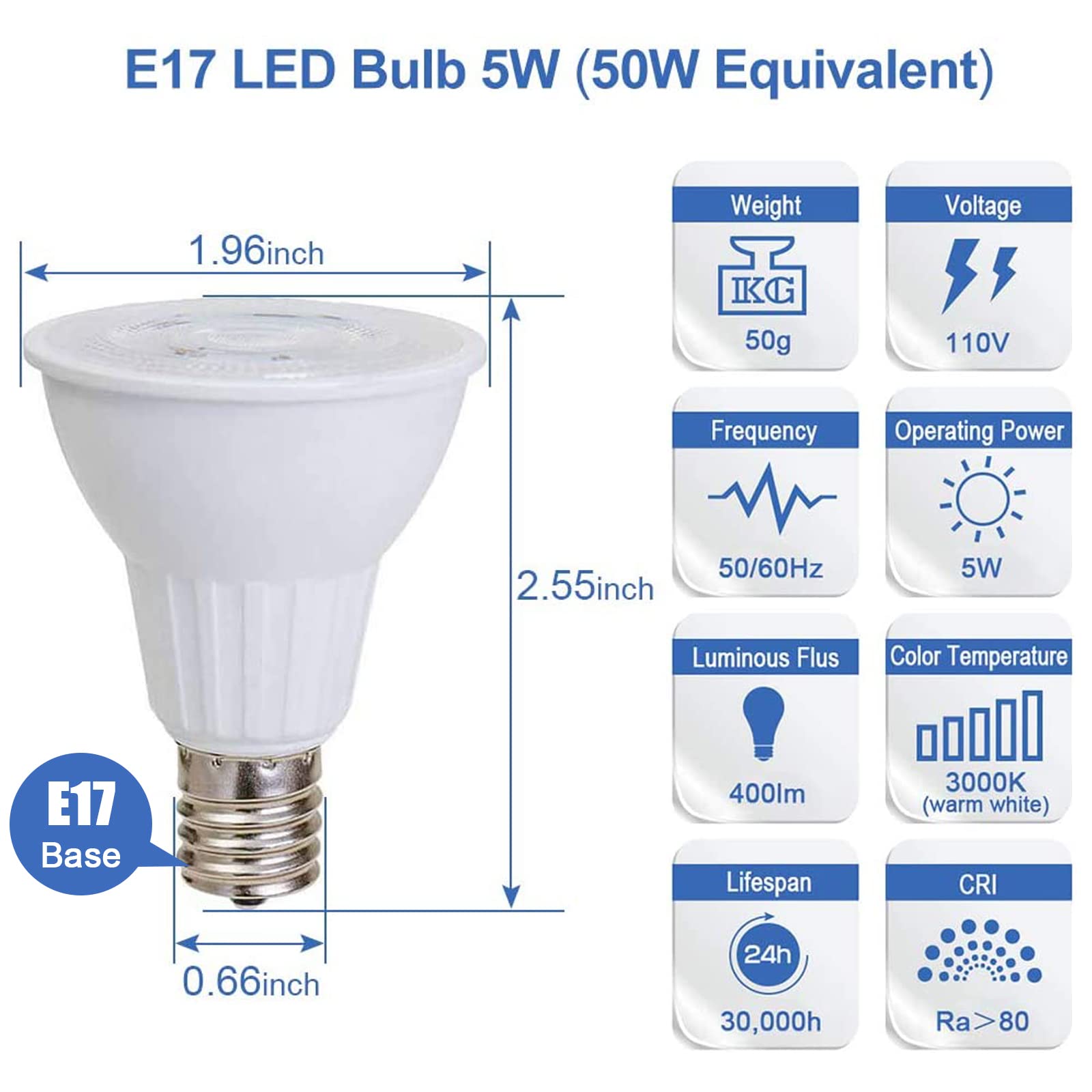 Haian E17 Reflector R14 Spotlight Bulb,E17 LED Light Bulb Used for Reading Lamp,Cabinet Lamp,Desk Lamp,5 Watt(50W Incendescent Equivalent),Warm White 3000K Available Non-dimmable (1 Pack)