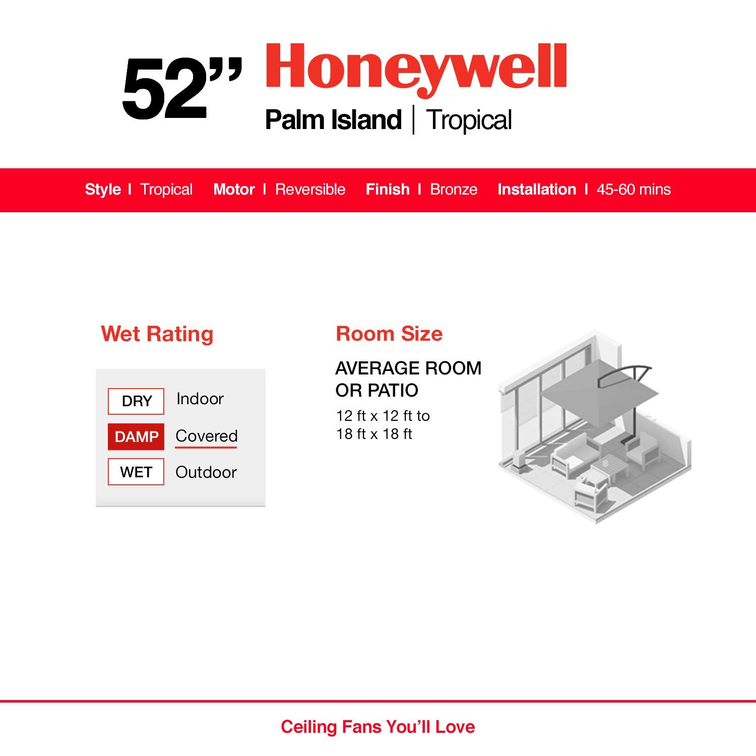 Honeywell Ceiling Fans Palm Island, 52 Inch Tropical Indoor Outdoor Ceiling Fan with No Light, Pull Chain, Three Mounting Options, 5 Palm Leaf Blades, Wet-Rated - 50207-01 (Bronze)