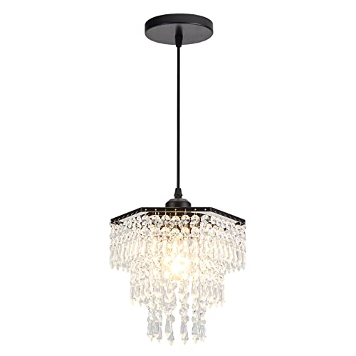 HongnuoFc 3-Tier Crystal Chandeliers Modern Mini Flush Mount Ceiling Light Fixture Hexagon Small Crystal Chandelier for Dining Room Kitchen Closet Hallway (Black, E26)